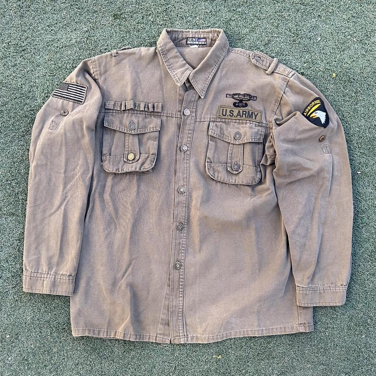 Vintage army button up. Cool patches. Fits M/L.... - Depop