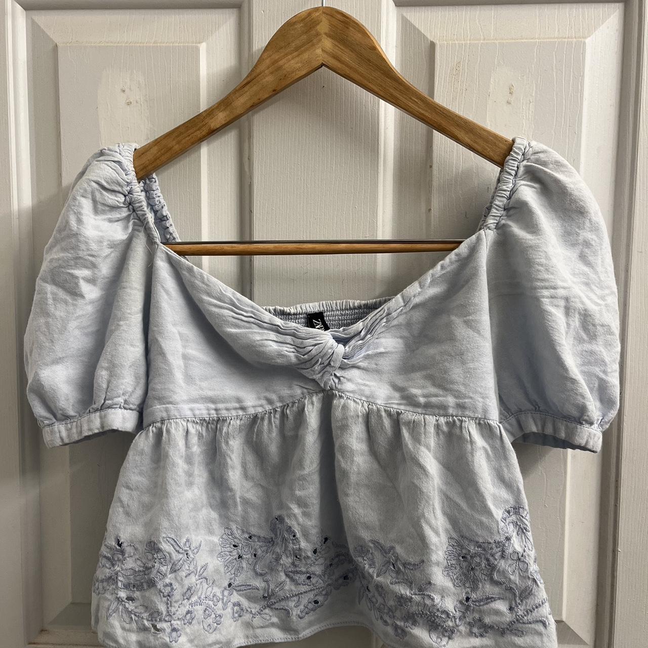Light Blue ZARA Ruffle Top US XS with floral... - Depop