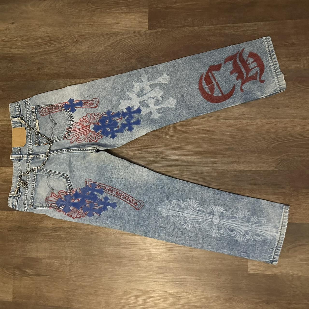 CHROME HEART STENCIL red and blue patch work... | Depop