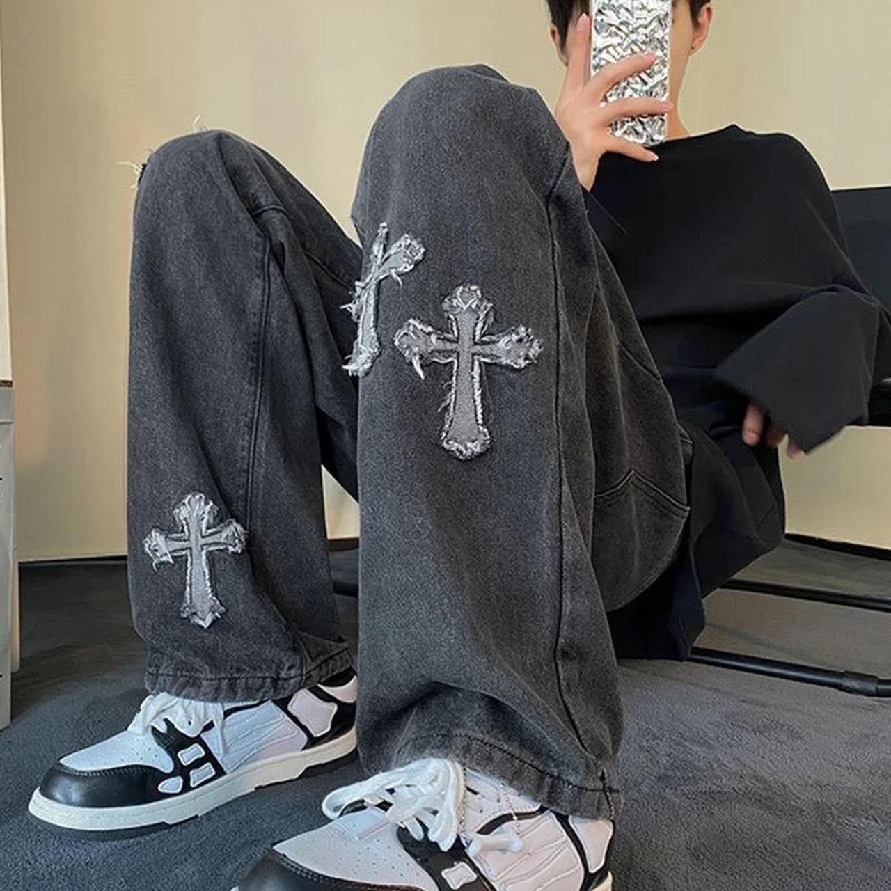 Crosses Embroidery Distressed Jeans High quality... - Depop