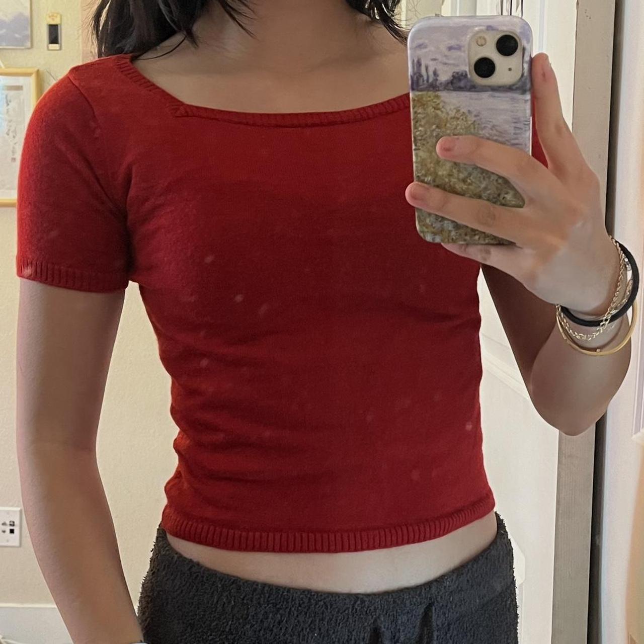 RED SQUARE NECK TOP -size s fits xs as well - from... - Depop