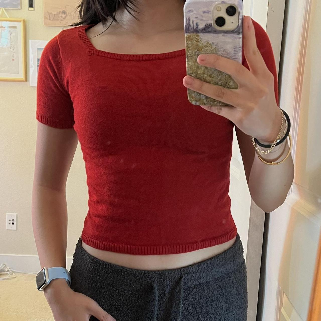 RED SQUARE NECK TOP -size s fits xs as well - from... - Depop