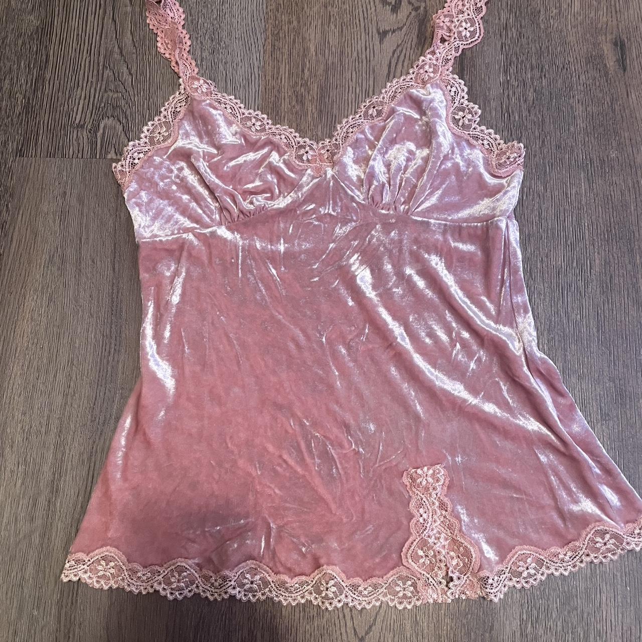 Vintage Express pink velvet lace trim tank top size... - Depop
