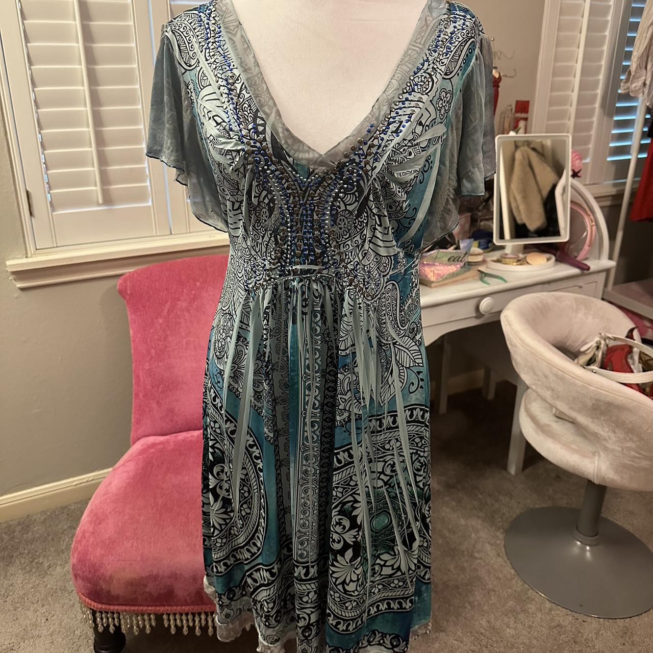 Turquoise blue y2k dress with rhinestone details... - Depop