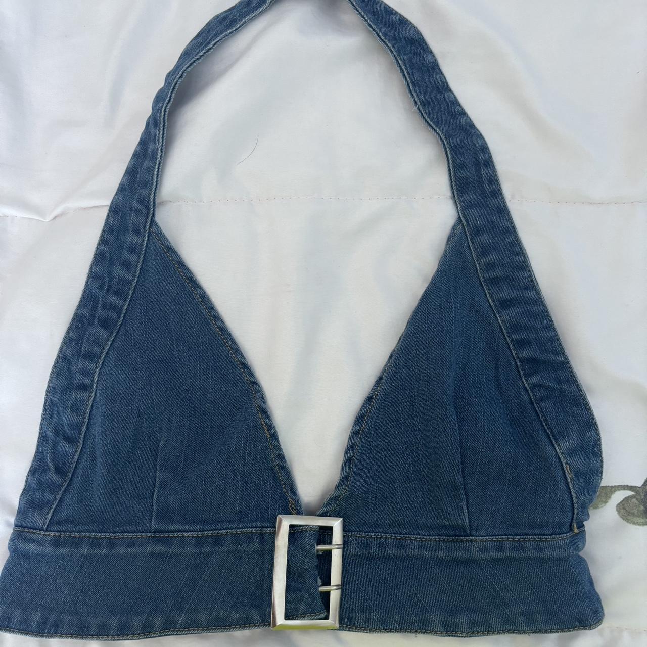 Navy blue denim halter top with silver buckle #y2k... - Depop
