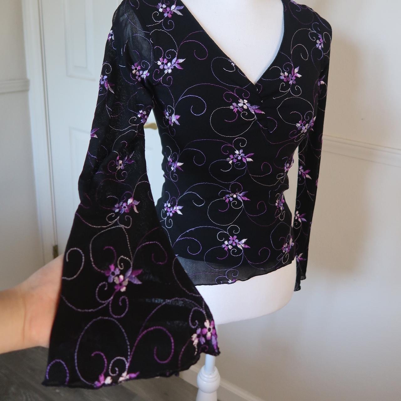 Vintage WRAPPER Embroidered Top w/ Mesh Sleeves... - Depop