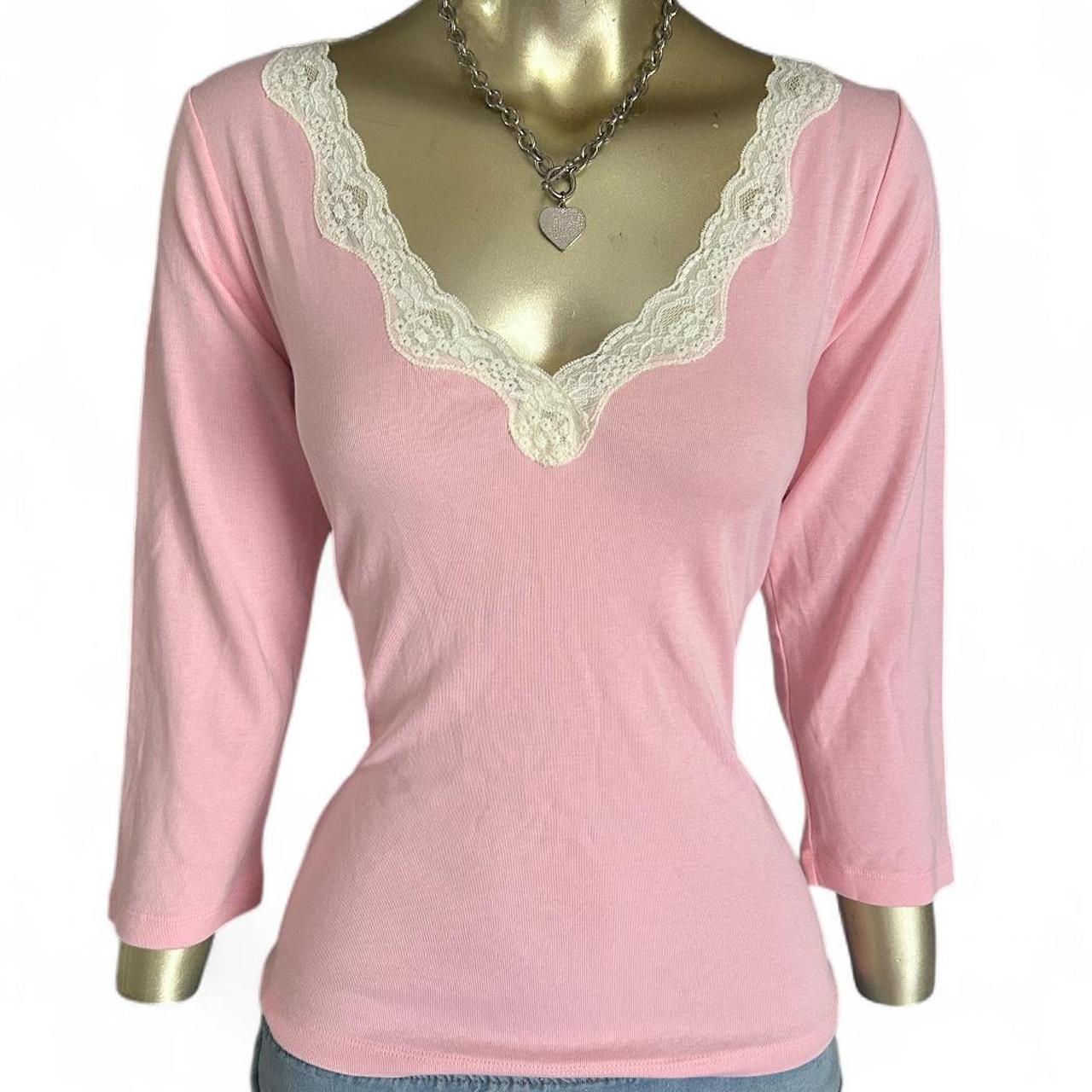 vintage pink lacey v neck 3/4 sleeve top p2p:... | Depop