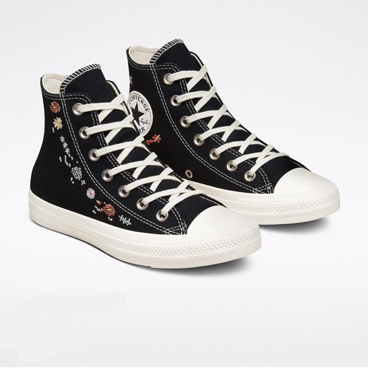 Black CONVERSE with flower embroidery Size: 9 US... - Depop