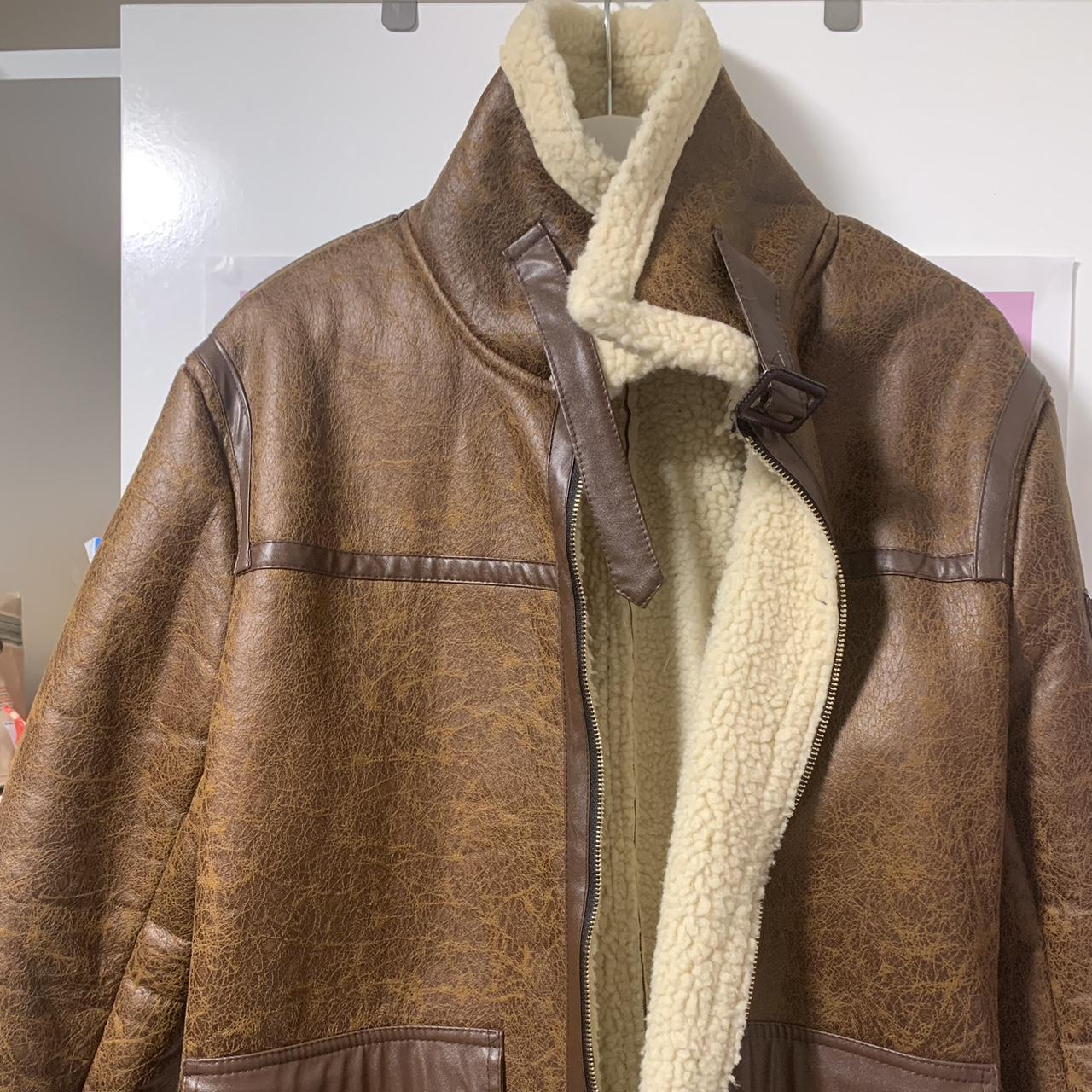 women’s brown fur lined aviator jacket label size... - Depop