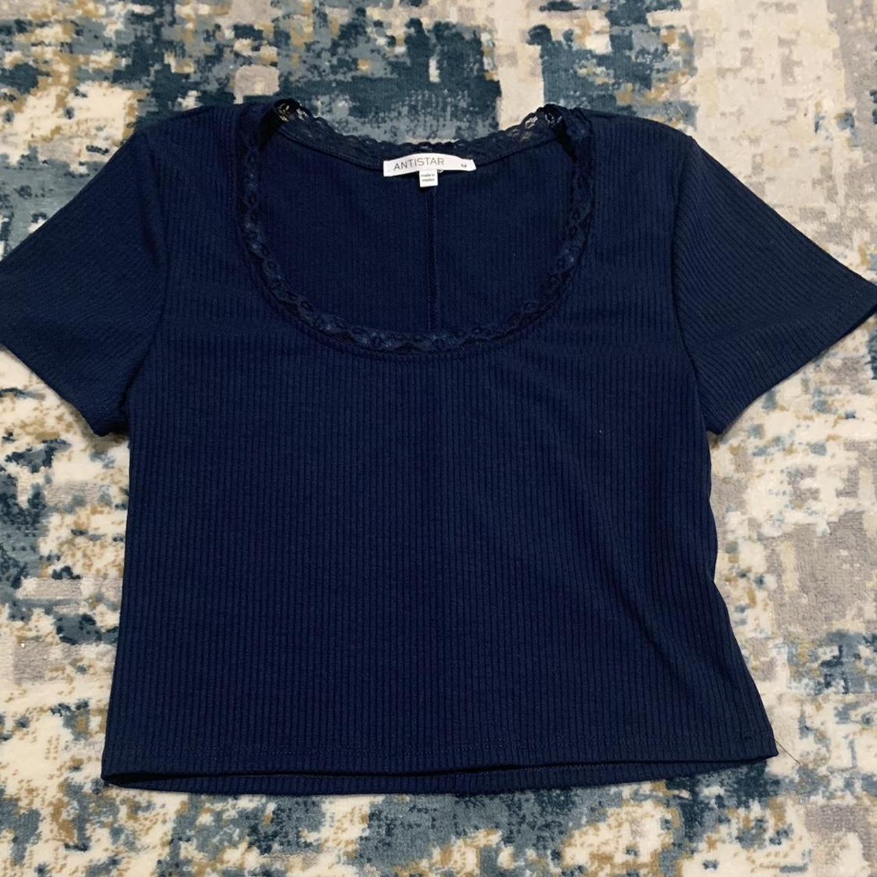 Navy Crop Top with Lace Trim - Depop