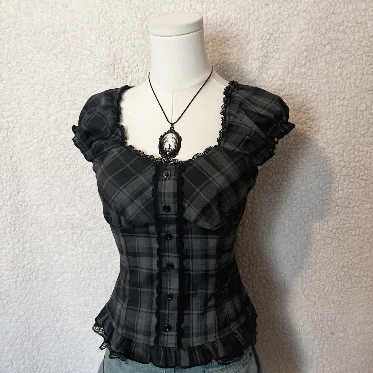 the most flattering goth ruffle blouse with a plaid... | Depop