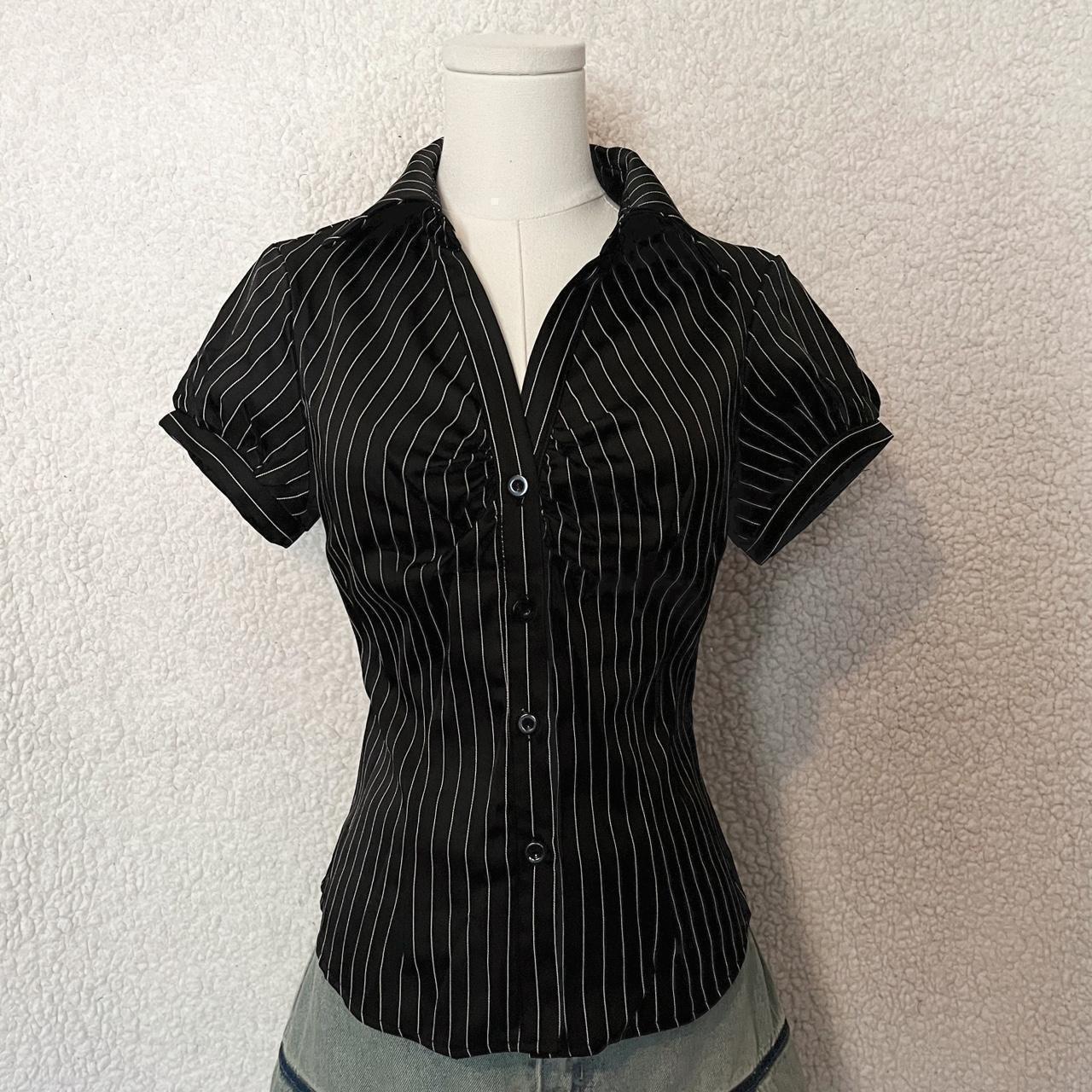 🦋 goth office siren black pinstripe button up blouse... | Depop
