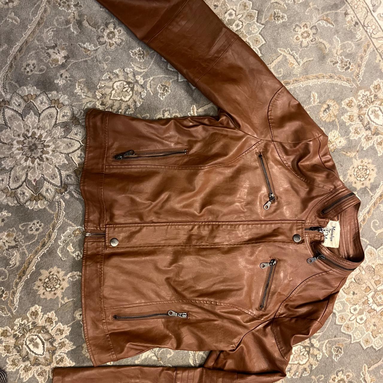 foux brown leather racer jacket, bunch of fun... - Depop