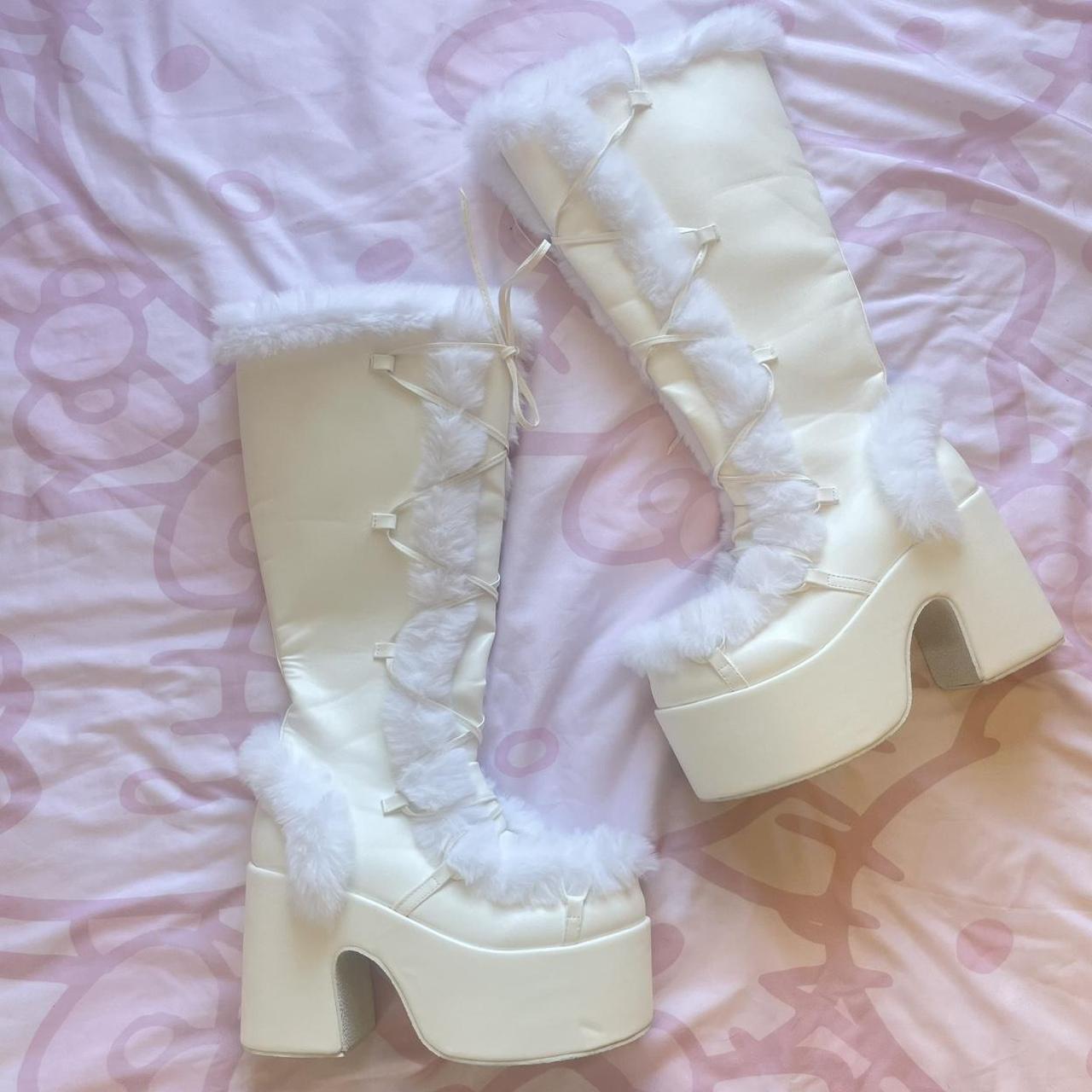 WHITE FLUFFY BOOTS • size 9 woman’s • never worn ~... | Depop