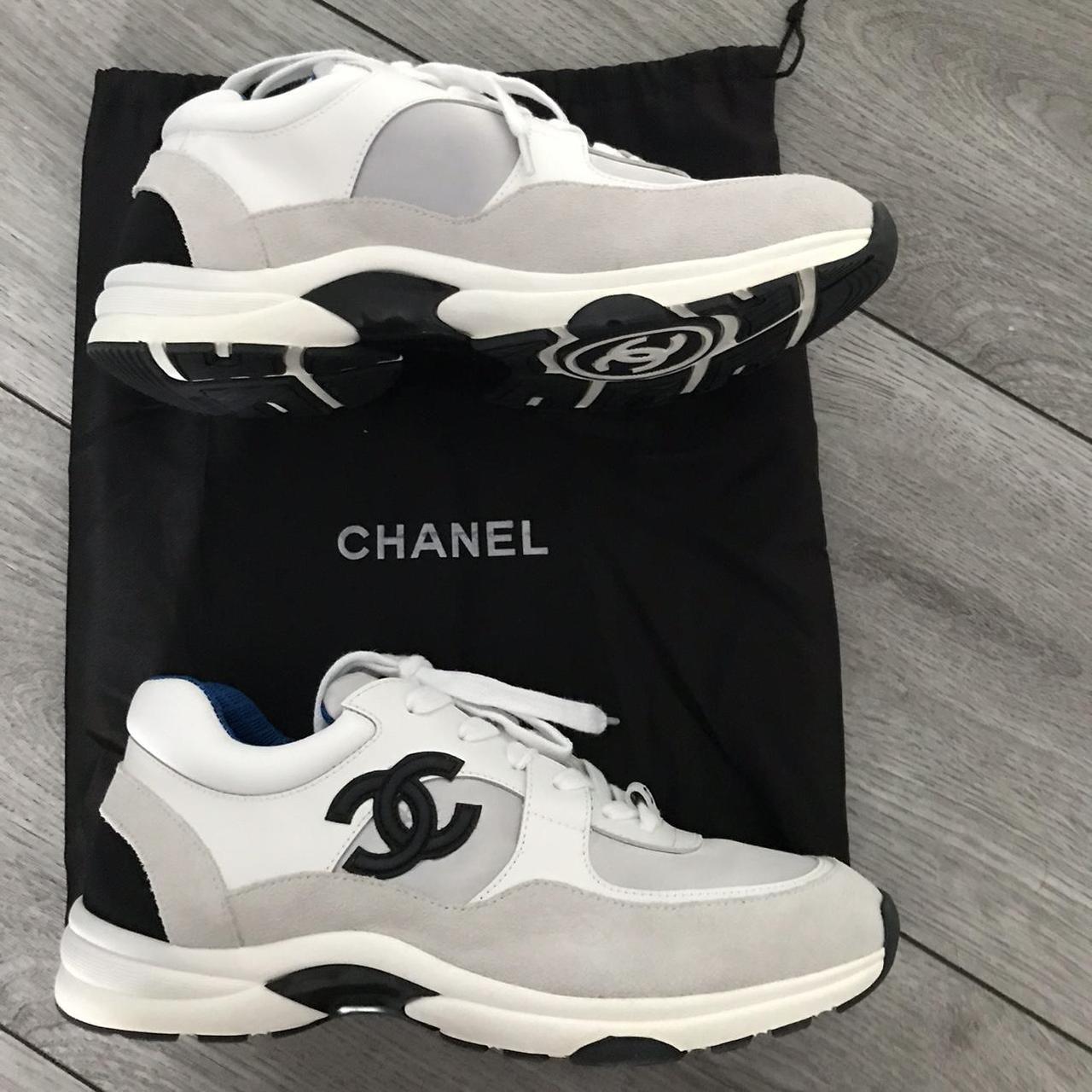 Chanel Trainers White Black and Blue With Dustbag... - Depop