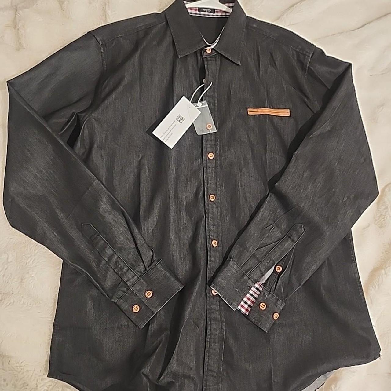 Charcoal grey men's denim button down top Material... | Depop