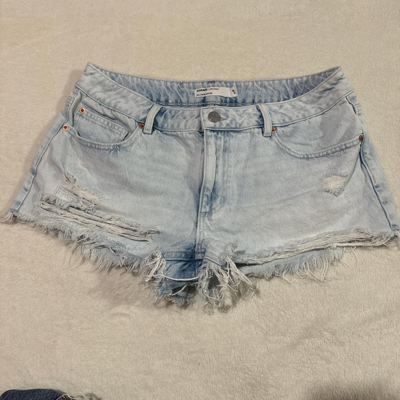 Garage Denim shorts Size 9 Low rise Light wash rips... - Depop