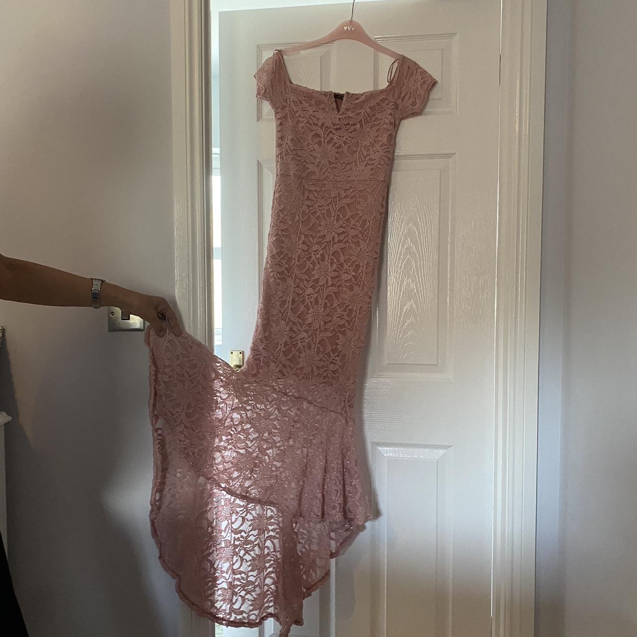 Quiz midi off the shoulder lace dress in pastel pink... - Depop