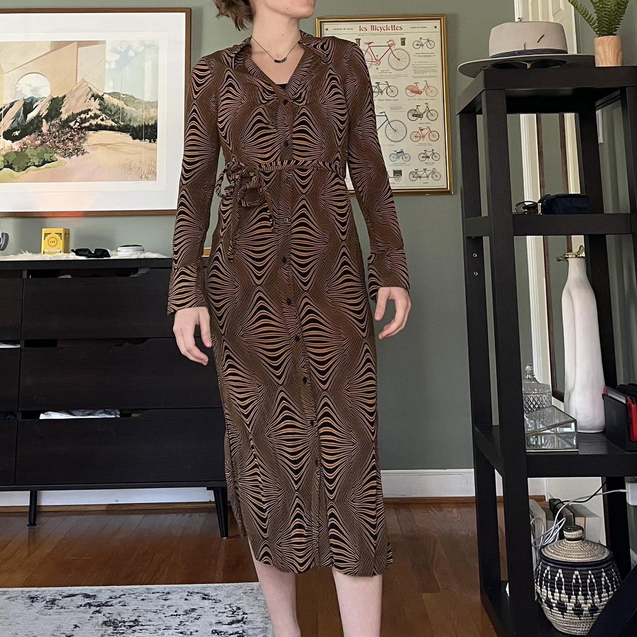 Mango brown/back psychedelic midi dress size US... - Depop