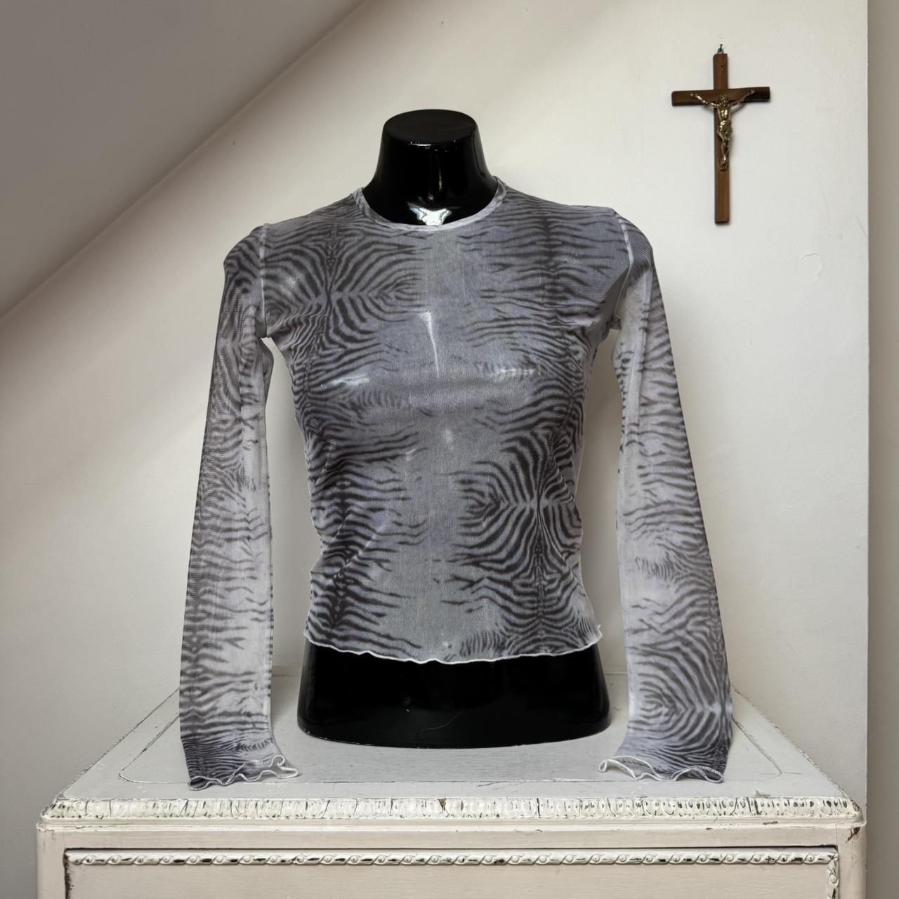 This stunning vintage 2000s mesh grey zebra print... | Depop