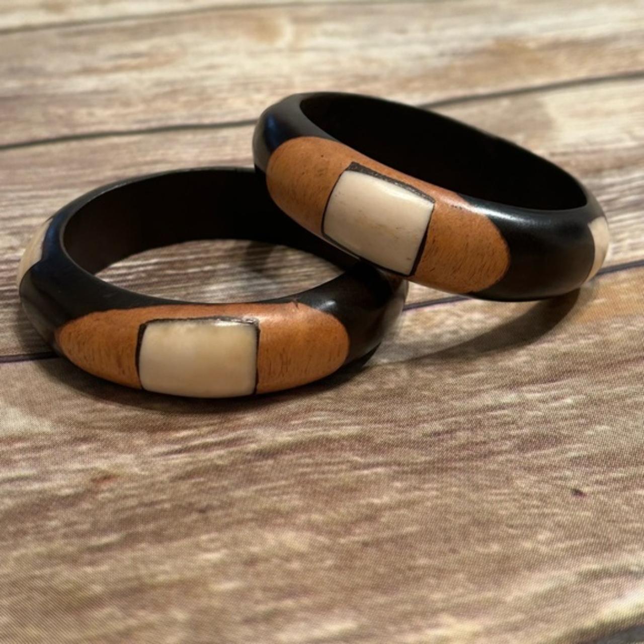 2x Wood Ivory inlay Bangle Bracelets. From Jamaica - Depop