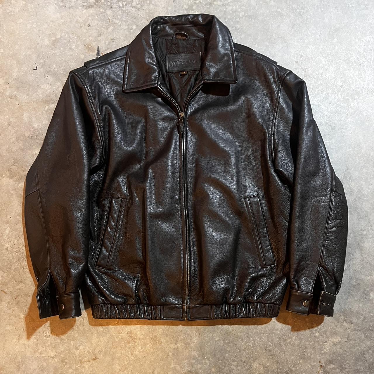 Black leather bomber jacket with good detail and... | Depop