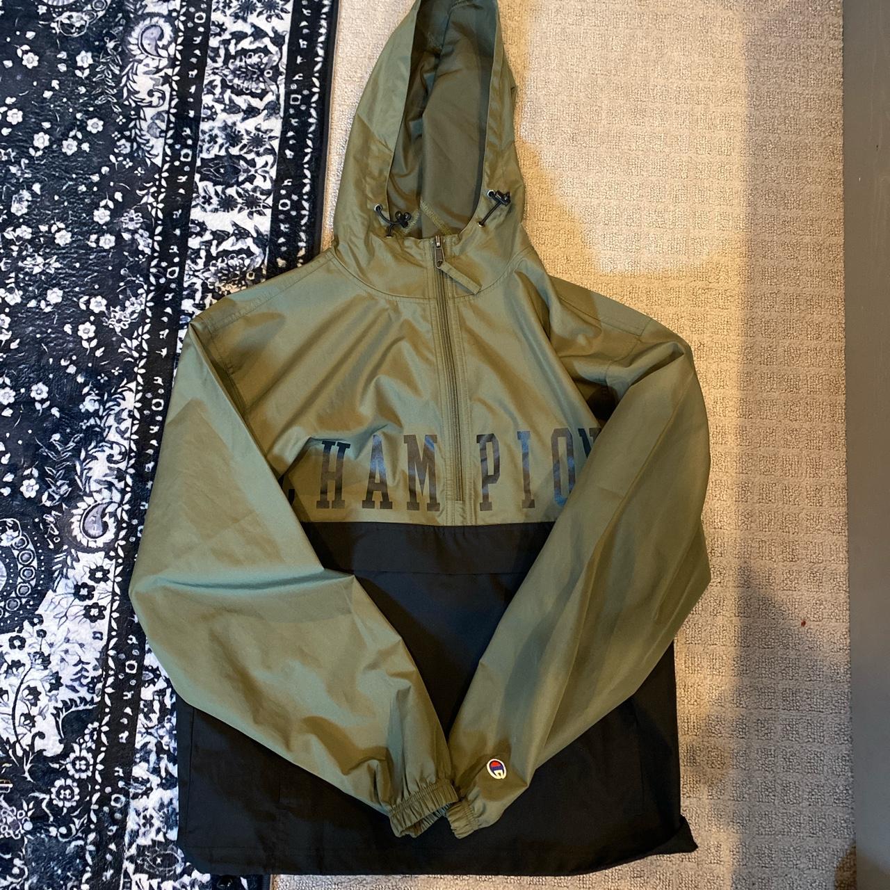 Vintage Champion Windbreaker zip up with hood Olive... - Depop
