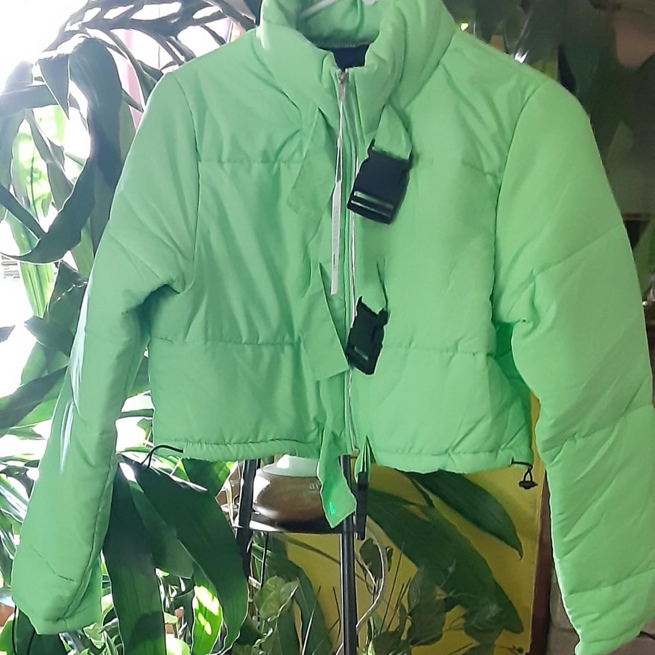 Medium lime green cropped puffer jacket. - Depop
