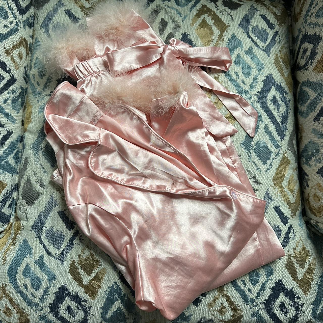Light Pink Silk PJ Set w/feather sleeve detailing - Depop