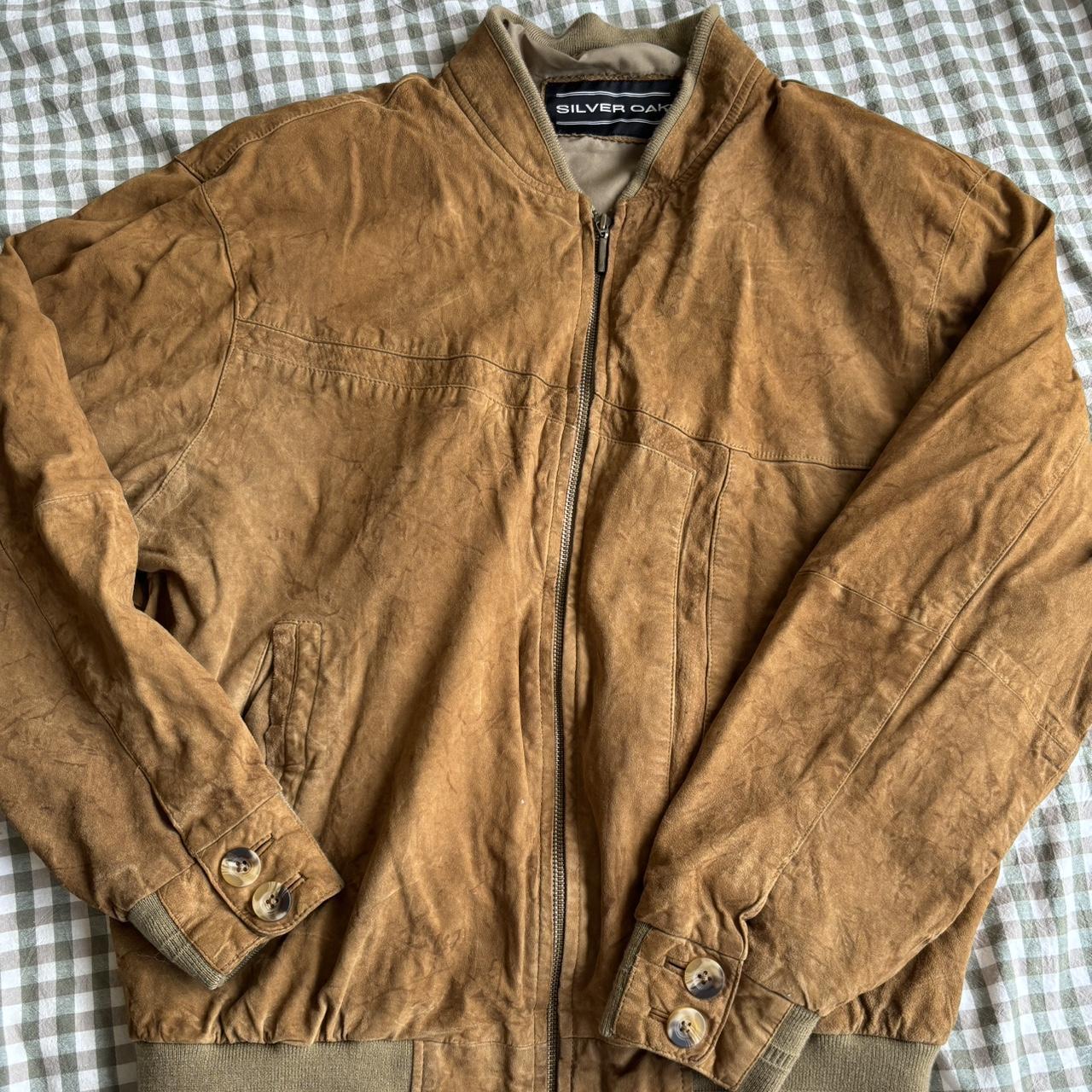 Tan suede zip up jacket size XL - Depop