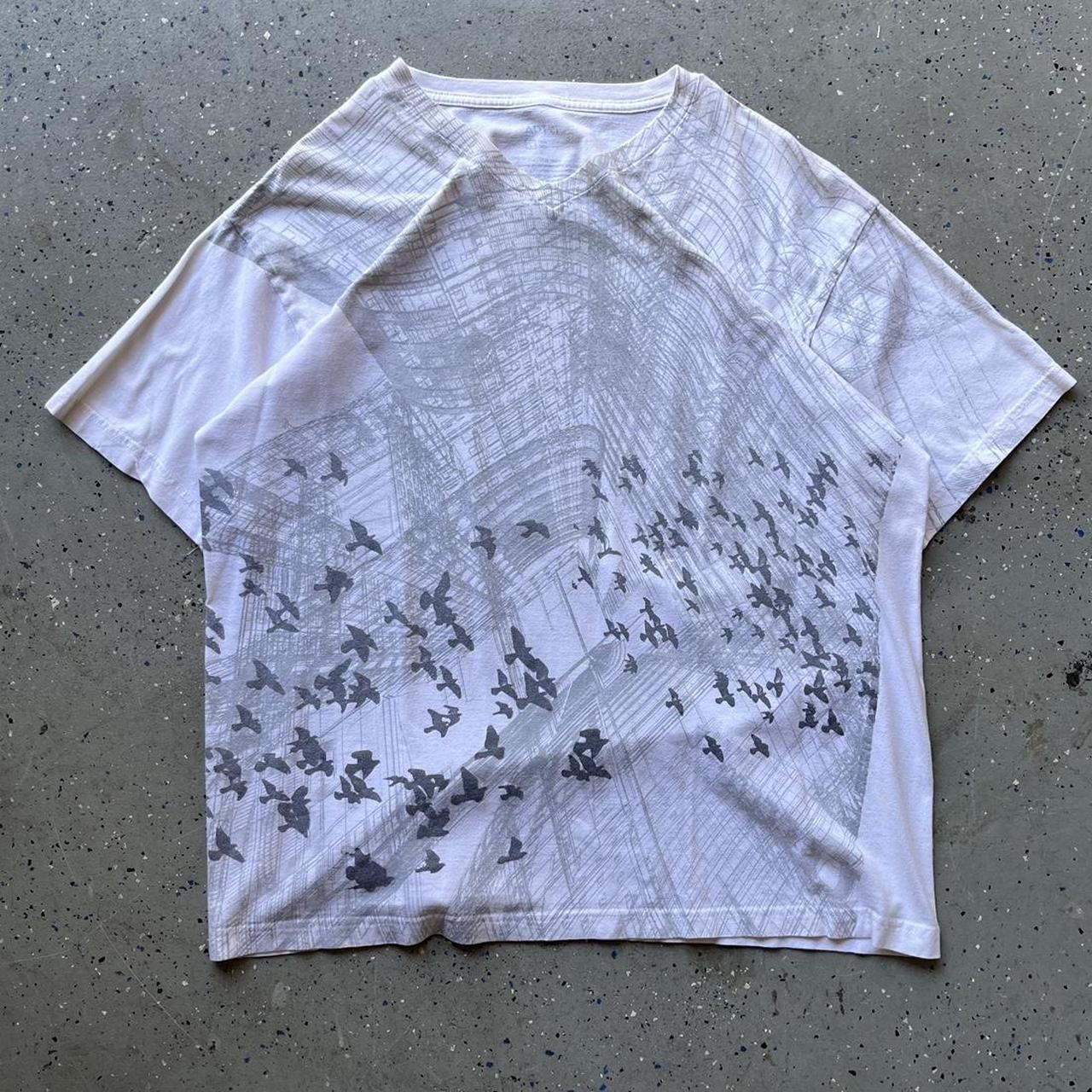 Y2K White Birds Graphic T-Shirt With Cool... | Depop