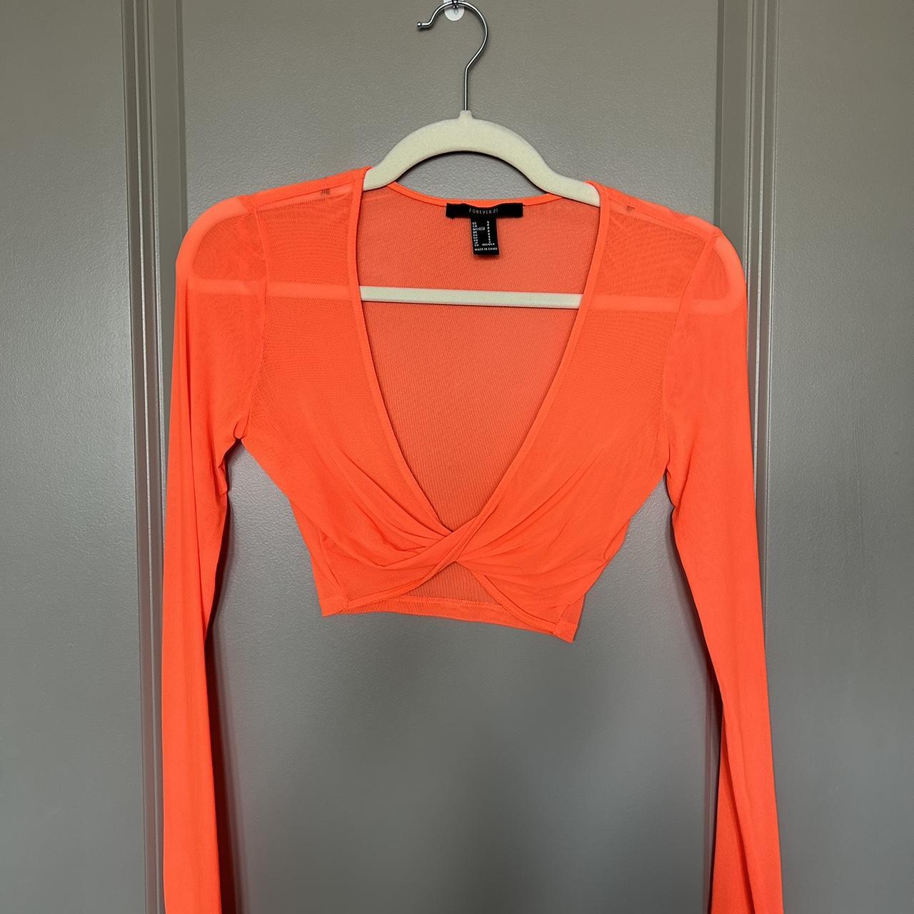 Neon Orange Long Sleeve Mesh Crop Top. Size S.... - Depop