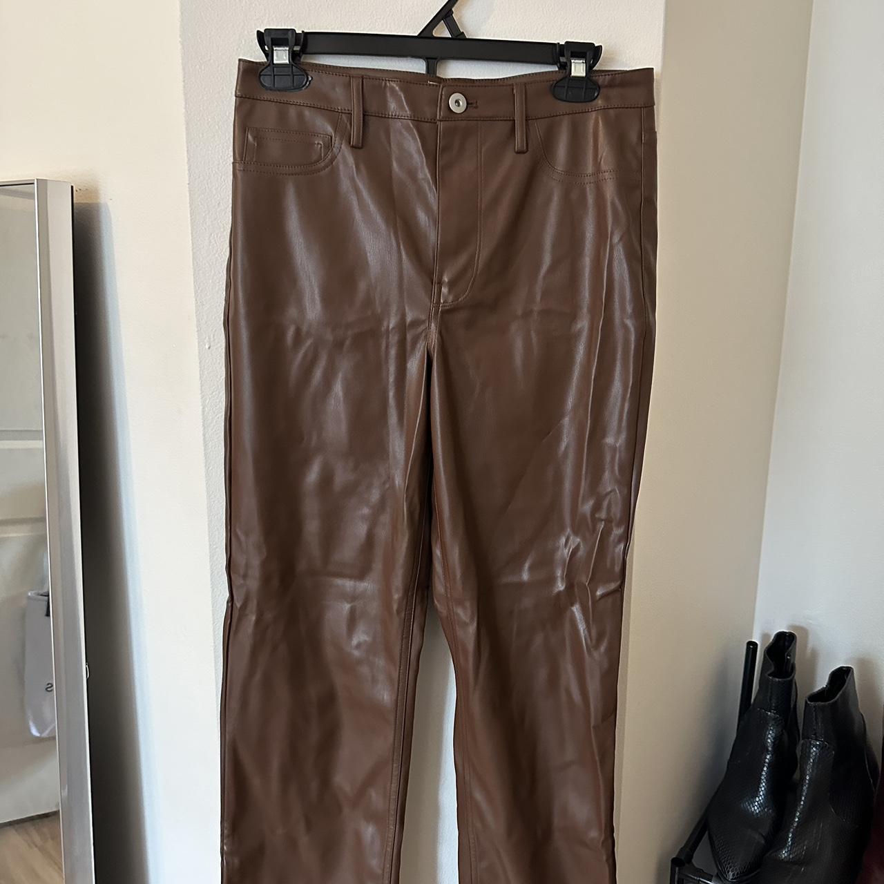 Fake Brown Leather Straightline Pants - Depop