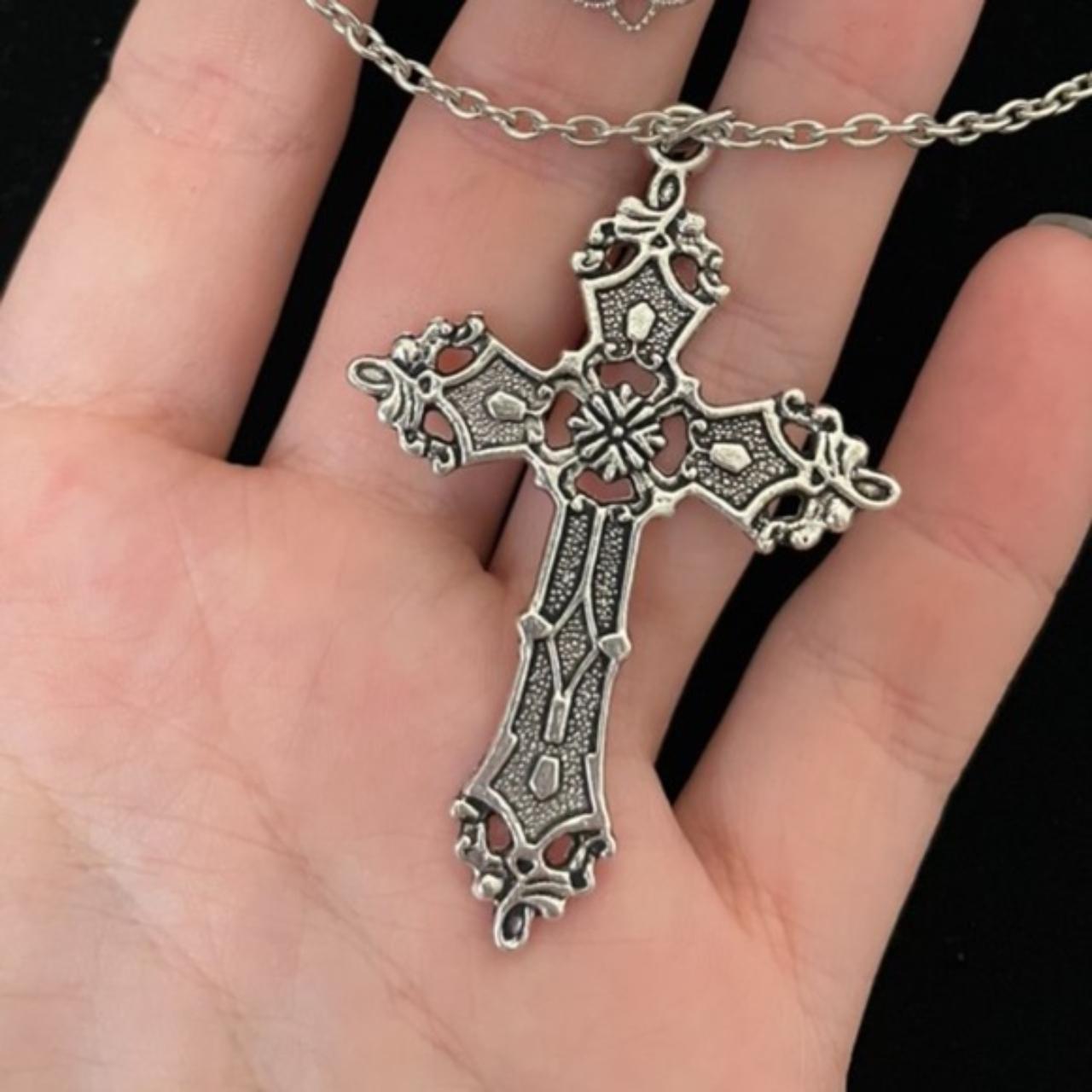 Dark grey silver grunge cross necklace free shipping... - Depop