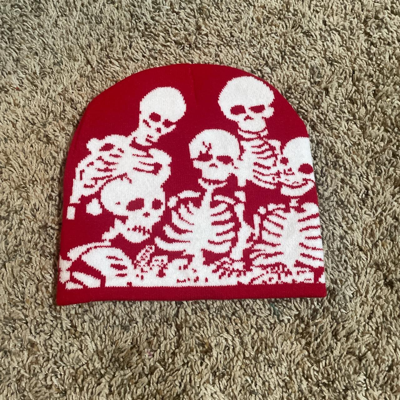 Red skeleton beanie unisex #y2k #beanie #winter... - Depop