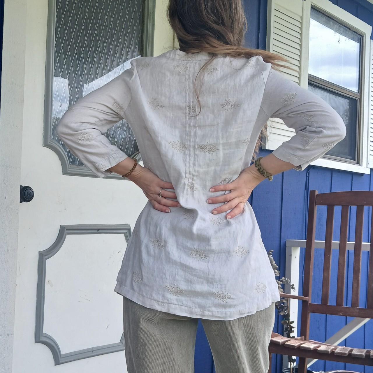 100% Linen Light Grey tunic Top with embroidery... | Depop