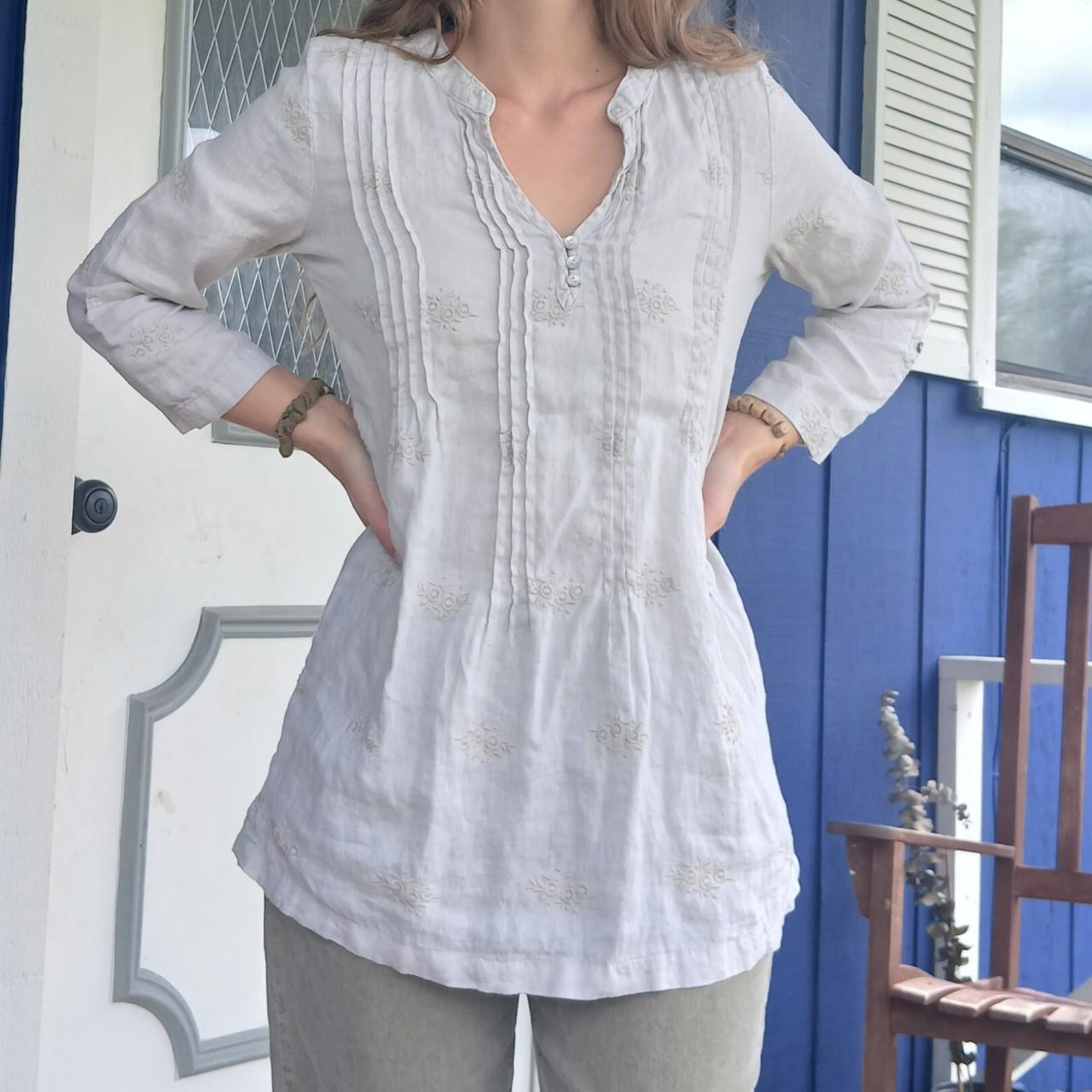 100% Linen Light Grey tunic Top with embroidery... | Depop