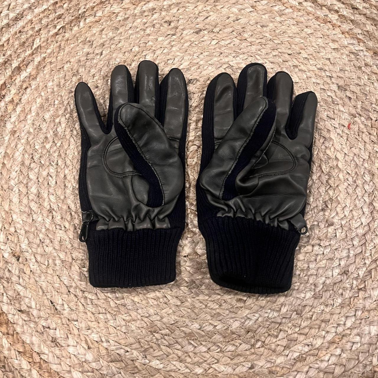 Black leather gloves with knit cuff and zippered... - Depop