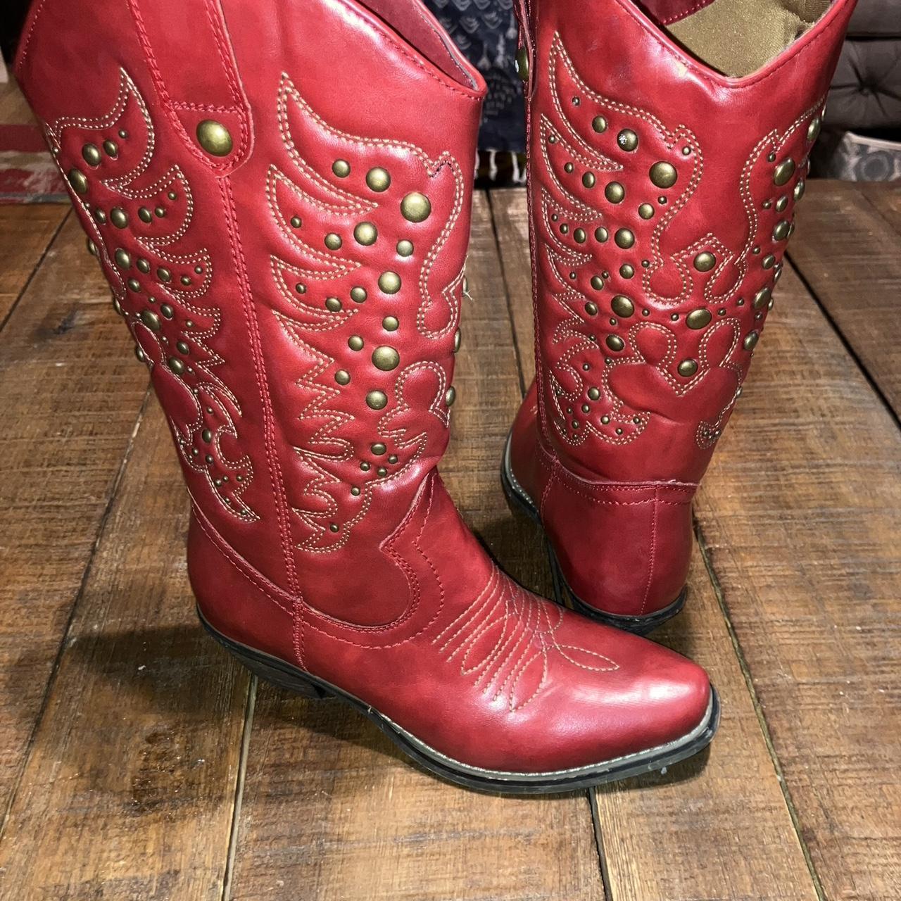 Limelight Red Cowboy Boots Gold studded... - Depop