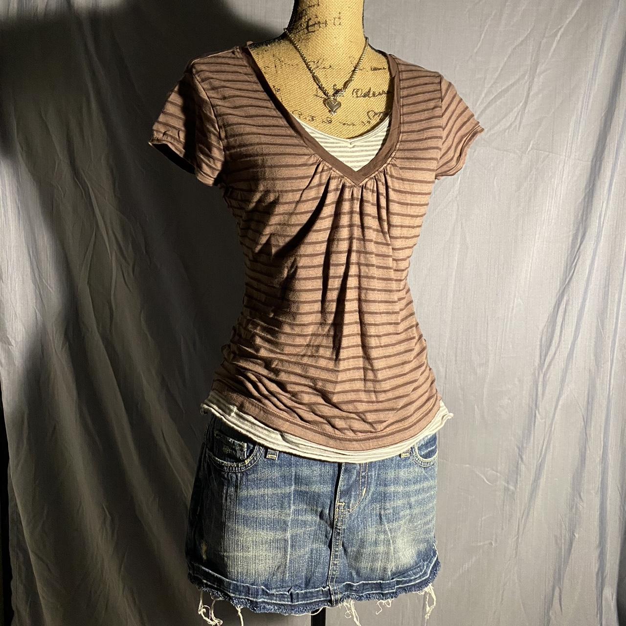 Super cute Twee Brown and white striped V-neck top... | Depop