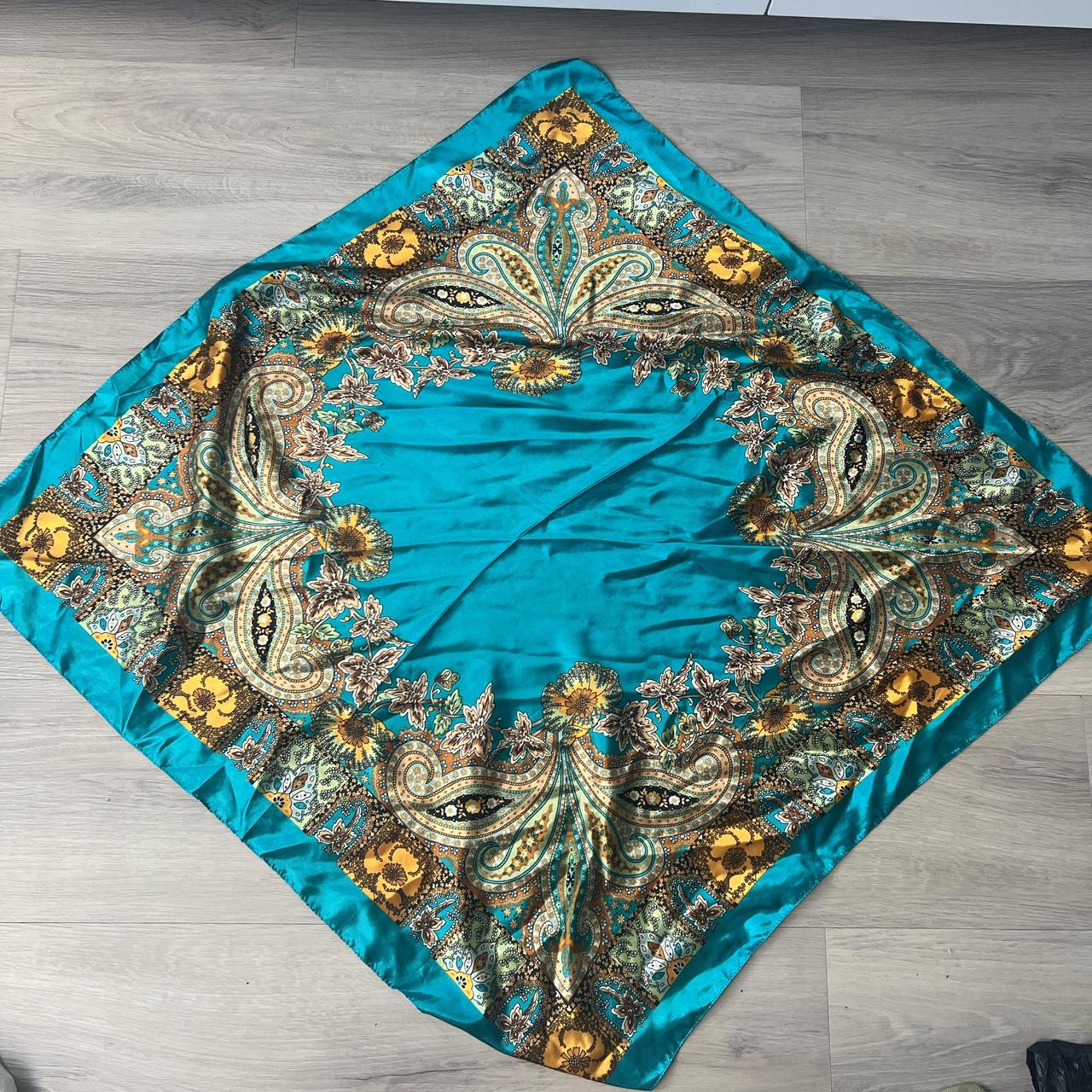 Blue and multi-coloured square scarf | Depop