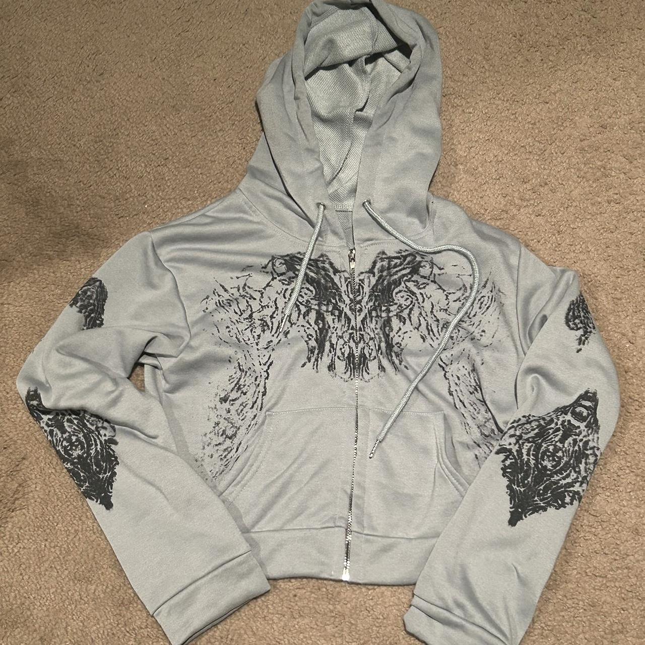 Green/grayish y2k grunge zip up jacket hoodie with... - Depop