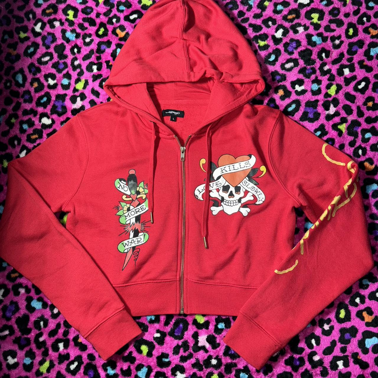 Large Ed Hardy Red Cropped Jacket Only worn a few... - Depop