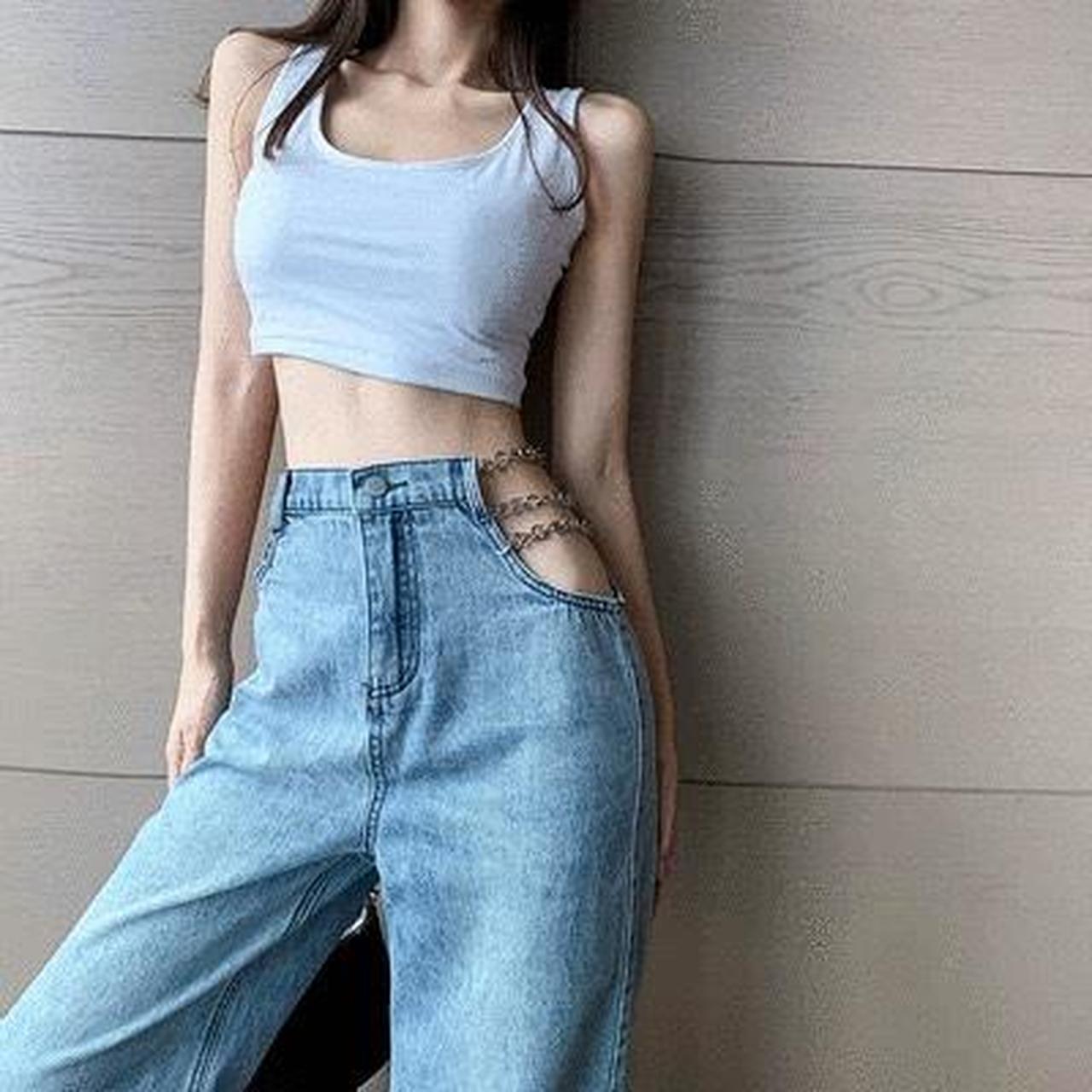 Design sense chain cutout, open-waist jeans - Depop