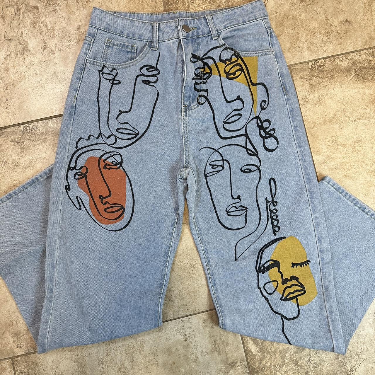 Ladies SHEIN art jeans 6 Dope faces printed on #art - Depop