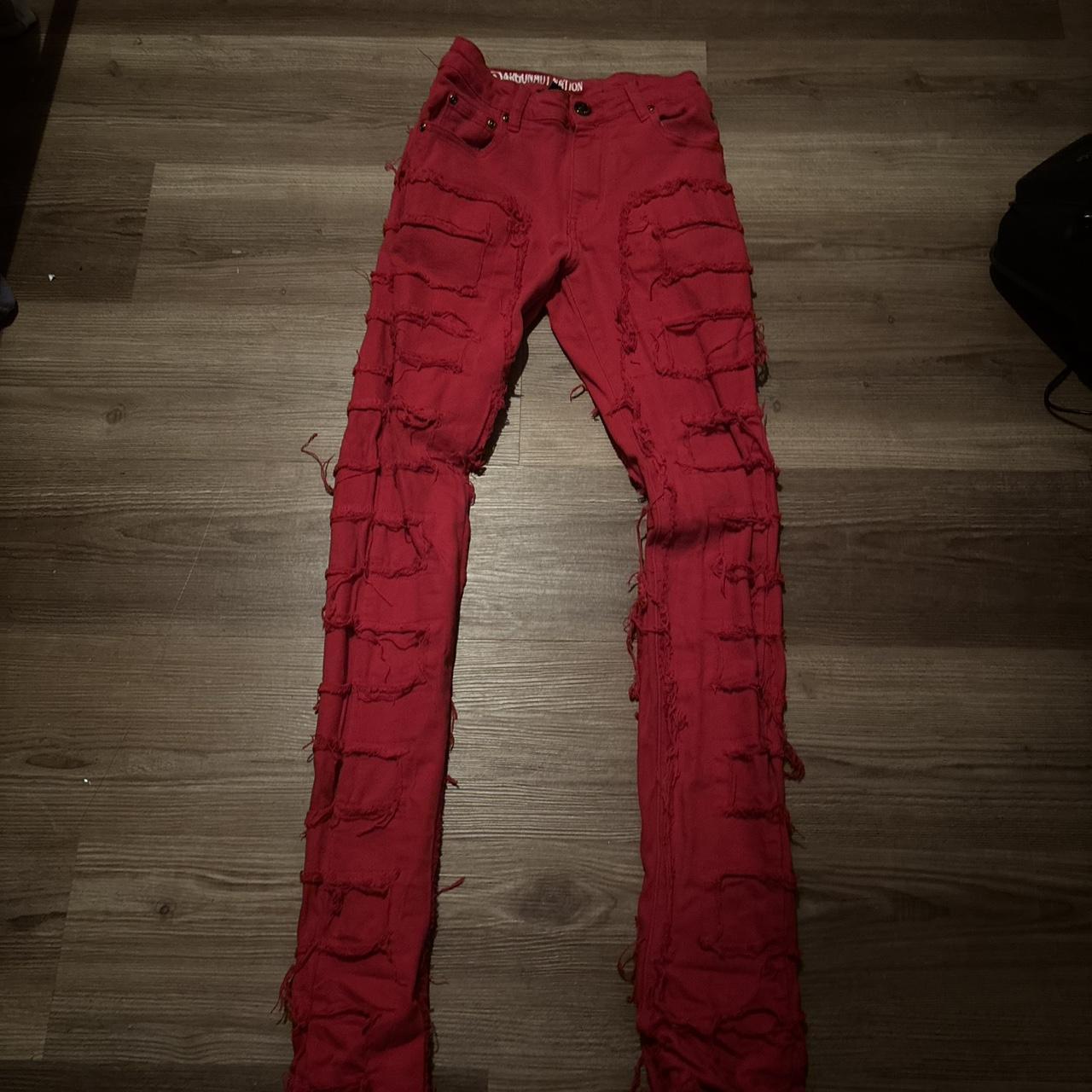 Red straight leg jeans with a streetwear vibe #skater - Depop