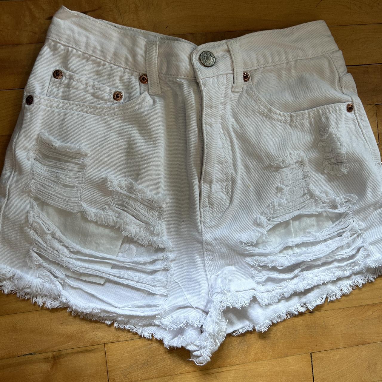 white high waisted ripped jeans shorts - Depop