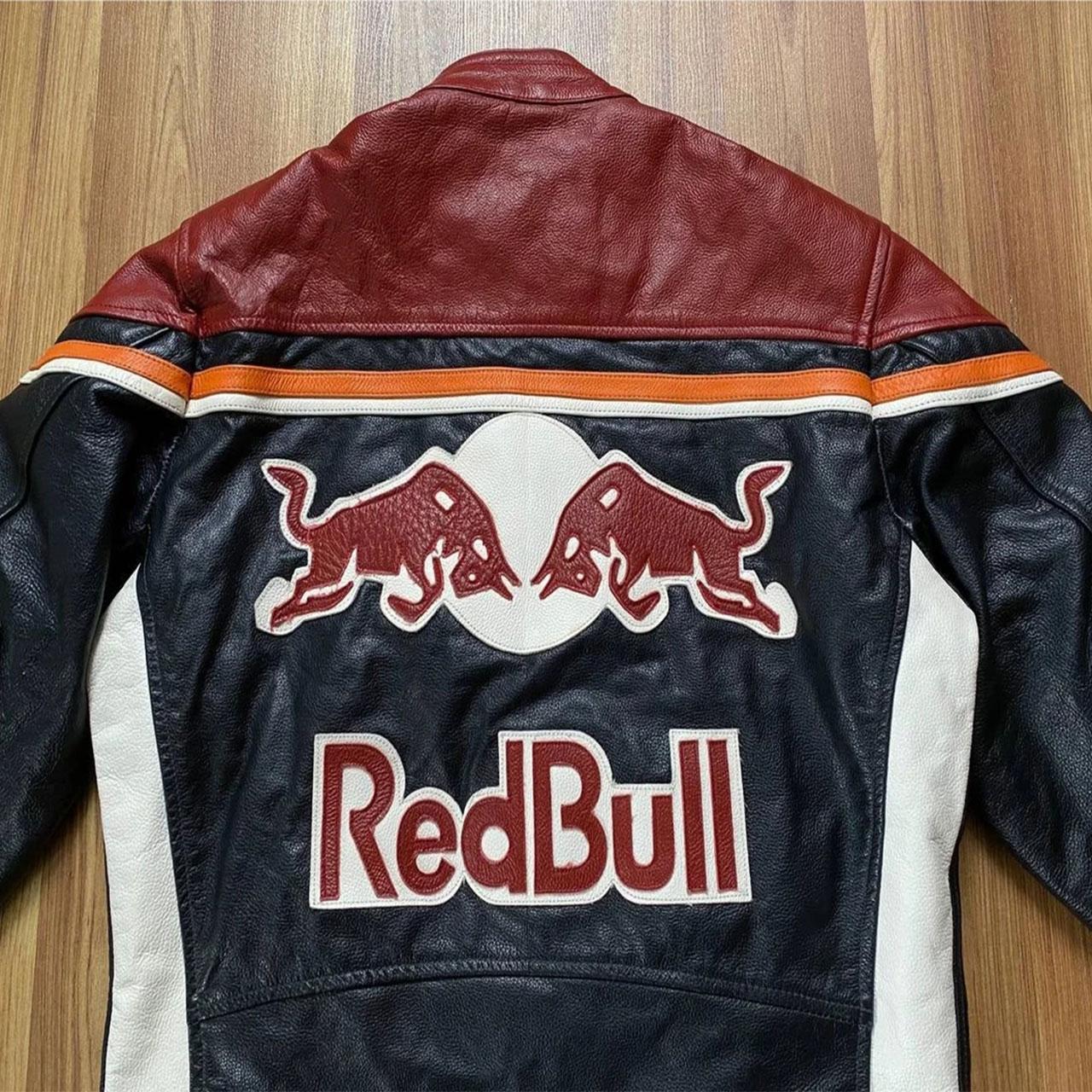 Red Bull Vintage Racing Leather Jacket Red & Black... | Depop