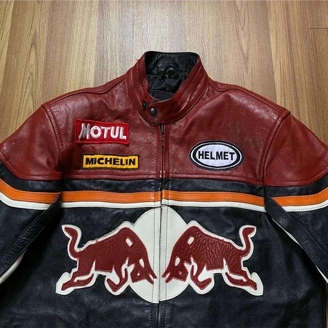 Red Bull Vintage Racing Leather Jacket Red & Black... | Depop