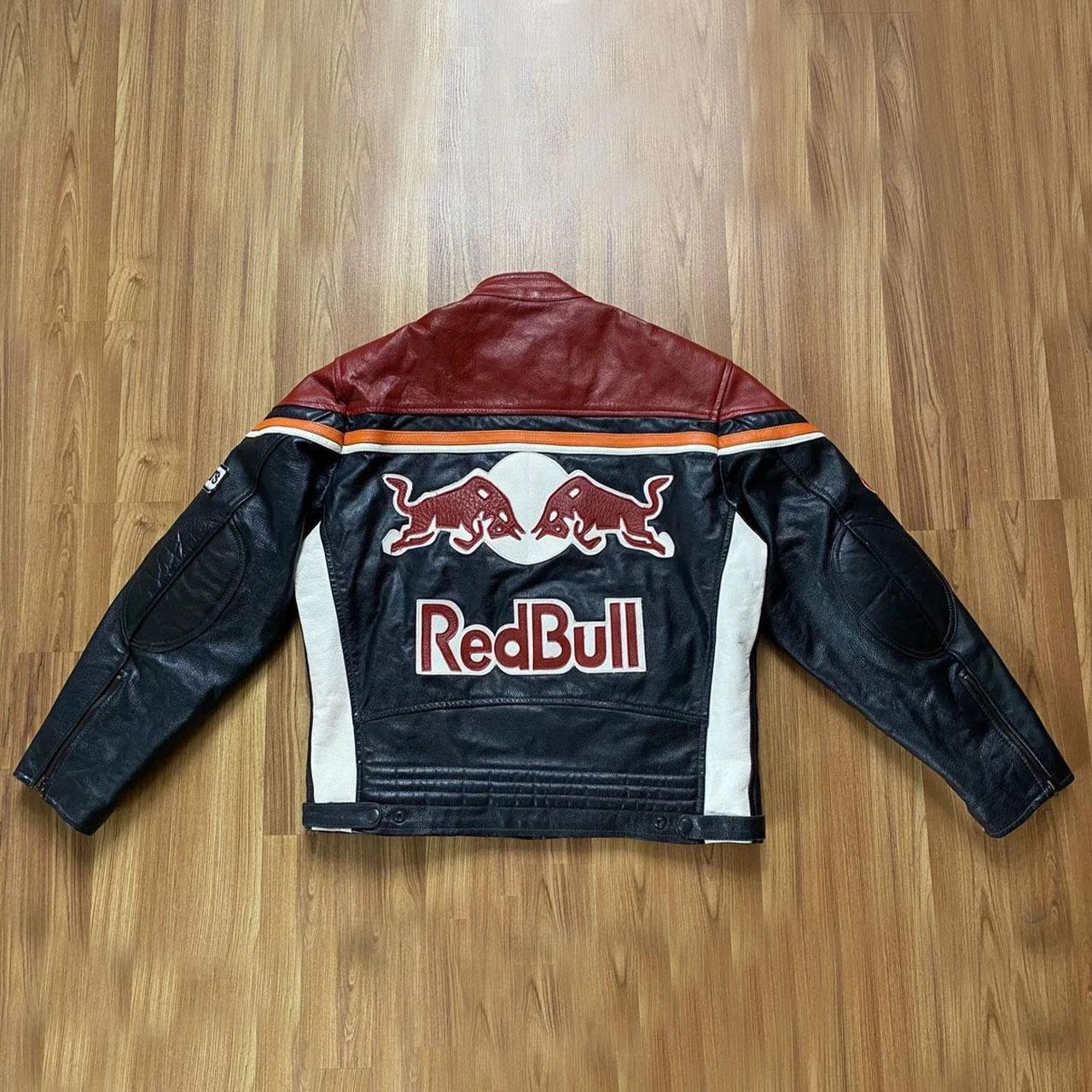 Red Bull Vintage Racing Leather Jacket Red & Black... | Depop